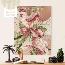 Bilderwelten Leinwandbild Tiere Tropisch Aquarell gold - Tropische V&ouml;gel - Pinke Kakadus - Pflanzen XXL Jugendzimmer