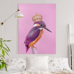 Bilderwelten Leinwandbild Jonas Loose Tiere Pop Art Rosa Eisvogel mit Krone - Leinwanddruck Hochformat - Wandbild S-XXL - moderne Bilder auf Leinwand Kinderzimmer