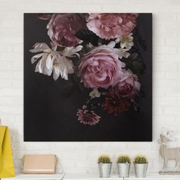 Bilderwelten Leinwandbild Blumen Vintage Kunstdruck Leinwanddruck - Rosa Blumen auf Schwarz - Rose XXL Wohnzimmer Schlafzimmer