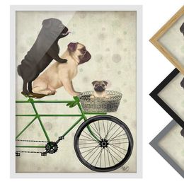 Bilderwelten Bild mit Rahmen Tiere gr&uuml;n Vintage inkl. Rahmung - Radtour - M&ouml;pse auf Fahrrad - Retro Wohnzimmer Schlafzimmer