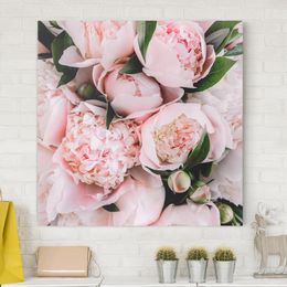 Bilderwelten Leinwandbild - Quadrat Rosa Pfingstrosen mit Bl&auml;ttern
