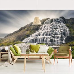 Bilderwelten Fototapete Natur Motiv Wandtapete gr&uuml;n - Dynjandi Wasserfall - Berg Wohnzimmer Schlafzimmer