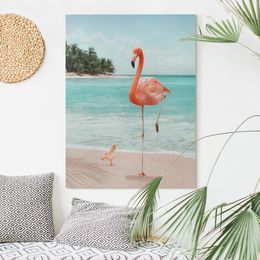Bilderwelten Leinwandbild Strand Tropisch Kunstdruck pink - Strand mit Flamingo - Landschaft XXL Wohnzimmer Schlafzimmer