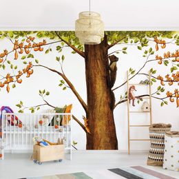 Bilderwelten Fototapete Wald Illustration Wandtapete gr&uuml;n - Einh&ouml;rnchen in Gefahr - B&auml;ume Kinderzimmer Baby M&auml;dchen Jungen
