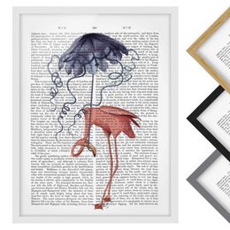 Bilderwelten Bild mit Rahmen Tiere rosa Illustration inkl. Rahmung - Tierlekt&uuml;re - Flamingo mit Regenschirm - Spr&uuml;che Wohnzimmer Schlafzimmer