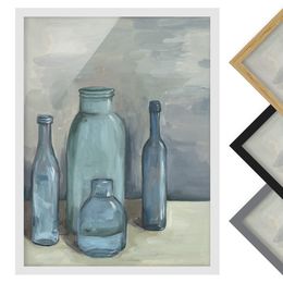Bilderwelten Bild mit Rahmen Kulinarisch blau modern inkl. Rahmung - Stillleben mit Glasflaschen II - Deko K&uuml;che