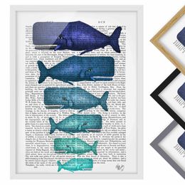 Bilderwelten Bild mit Rahmen Tiere blau Illustration inkl. Rahmung - Tierlekt&uuml;re - Walfamilie - Spr&uuml;che Wohnzimmer Schlafzimmer