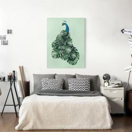 Bilderwelten Leinwandbild Jonas Loose Pop Art Tiere Pfau mit Monstera Bl&auml;ttern - Leinwanddruck Hochformat - Wandbild S-XXL -moderne Bilder auf Leinwand Wohnzimmer