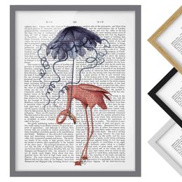 Bilderwelten Bild mit Rahmen - Hochformat Tierlekt&uuml;re - Flamingo mit Regenschirm