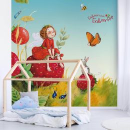 Bilderwelten Fototapete Vliestapete Illustration Aquarell beige - Erdbeerinchen Erdbeerfee - Zauberhaft - Deko Kinderzimmer Baby M&auml;dchen Jungen