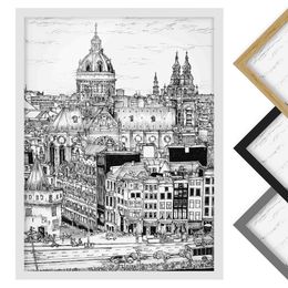 Bilderwelten Bild mit Rahmen originell beige Illustration inkl. Rahmung - Stadtstudie - Altstadt - Architektur Wohnzimmer Schlafzimmer