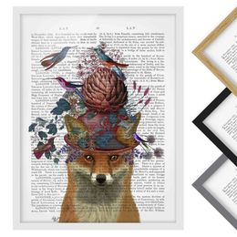 Bilderwelten Bild mit Rahmen Tiere bunt Illustration inkl. Rahmung - Vogelf&auml;nger - Fuchs mit Artischocke - Spr&uuml;che Wohnzimmer Schlafzimmer
