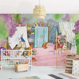Bilderwelten Fototapete Vliestapete Illustration Aquarell bunt - Erdbeerinchen Erdbeerfee - Bastelstunde - Deko Kinderzimmer Baby M&auml;dchen Jungen