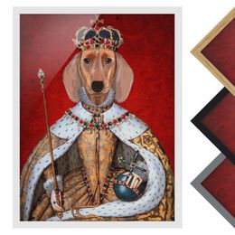 Bilderwelten Bild mit Rahmen Tiere rot Vintage inkl. Rahmung - Tierportrait - Dackelk&ouml;nigin - Retro Wohnzimmer Schlafzimmer