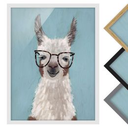 Bilderwelten Bild mit Rahmen Tiere blau Illustration inkl. Rahmung - Lama mit Brille II - Deko Wohnzimmer Schlafzimmer
