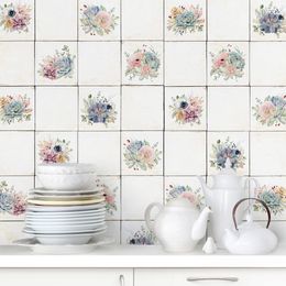 Bilderwelten Fototapete Blumen Vintage Fliesenoptik pastell - Aquarell Blumen Landhaus - Retro Wohnzimmer Schlafzimmer