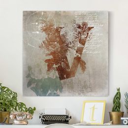 Bilderwelten Leinwandbild Spr&uuml;che Vintage Kunstdruck gold - Vintage Gold Alphabet Buchstabe V - Retro XXL Wohnzimmer Schlafzimmer