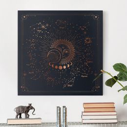 Bilderwelten Leinwandbild Astrologie Sonne Mond und Sterne Blau Gold