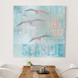 Bilderwelten Leinwandbild Tiere Shabby Aquarell t&uuml;rkis - Shabby Chic Collage - M&ouml;wen - V&ouml;gel XXL Wohnzimmer Schlafzimmer