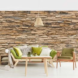 Bilderwelten Fototapete Vliestapete Landhaus 3D-Effekt braun - Andalusia Stonewall - Beton Wohnzimmer Schlafzimmer