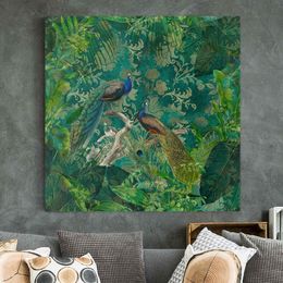 Bilderwelten Leinwandbild Tiere Vintage Kunstdruck gr&uuml;n - Shabby Chic Collage - Edler Pfau II - Pflanzen XXL Wohnzimmer Schlafzimmer