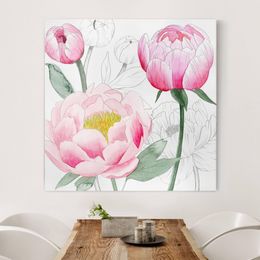 Bilderwelten Leinwandbild Blumen modern Aquarell rosa - Zeichnung Rosa P&auml;onien II - Rose XXL Wohnzimmer Schlafzimmer