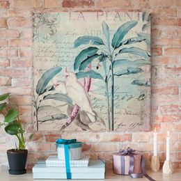 Bilderwelten Leinwandbild Tiere Vintage Kunstdruck t&uuml;rkis - Colonial Style Collage - Kakadus und Palmen - Pflanzen XXL Wohnzimmer Schlafzimmer