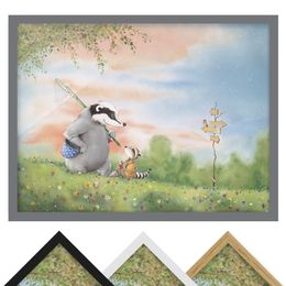 Bilderwelten Bild mit Rahmen - Querformat Wassili Waschb&auml;r - Wassili und Sibelius am Wegweiser