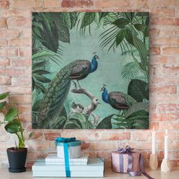Bilderwelten Leinwandbild Tiere Vintage Kunstdruck t&uuml;rkis - Shabby Chic Collage - Edler Pfau - Pflanzen XXL Wohnzimmer Schlafzimmer