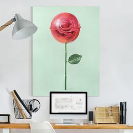 Bilderwelten Leinwandbild Jonas Loose Pop Art Blume Blumen Rose mit Lollipop - Leinwanddruck Hochformat - Wandbild S-XXL - moderne Blumenbilder auf Leinwand Flur