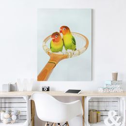 Bilderwelten Leinwandbild Jonas Loose Fotomontage Pop Art Tiere Tennis mit V&ouml;geln - Leinwanddruck Hochformat - Wandbild S-XXL - moderne Bilder auf Leinwand Flur