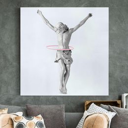Bilderwelten Leinwandbild originell Fotomontage Kunstdruck t&uuml;rkis - Jesus mit Hula Hoop Reifen - Religion XXL Wohnzimmer Schlafzimmer