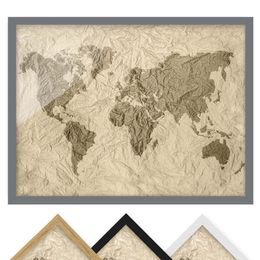 Bilderwelten Bild mit Rahmen - Querformat Papier Weltkarte Beige Braun