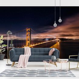 Bilderwelten Fototapete Stadt Motiv Wandtapete schwarz - Golden Gate to Stars - Skylines Wohnzimmer Schlafzimmer