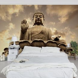 Bilderwelten Fototapete Spirituell Vintage Wandtapete beige - Gro&szlig;er Buddha Sepia - Retro Wohnzimmer Schlafzimmer