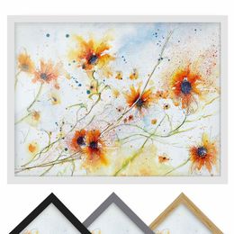 Bilderwelten Bild mit Rahmen Blumen orange modern Aquarell - Painted Flowers - Deko Wohnzimmer Schlafzimmer