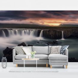 Bilderwelten Fototapete Natur Motiv Wandtapete schwarz - Go&eth;afoss Wasserfall in Island - Himmel Wohnzimmer Schlafzimmer