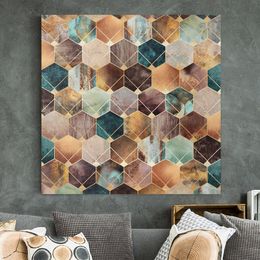 Bilderwelten Leinwandbild - Quadrat T&uuml;rkise Geometrie goldenes Art Deco