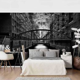 Bilderwelten Fototapete Stadt modern 3D-Effekt schwarz weiss - Hamburgs andere Seite - Hamburg Wohnzimmer Schlafzimmer