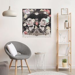 Bilderwelten Glasbild Blumen Pop Art schwarz Glas Wandbild - Frida Kahlo - Blumenflut - Deko Wohnzimmer Schlafzimmer