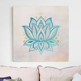 Bilderwelten Leinwandbild Spirituell Orientalisch Kunstdruck t&uuml;rkis - Lotus Illustration Mandala gold blau - Ornamente XXL Wohnzimmer Schlafzimmer
