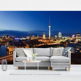 Bilderwelten Fototapete Stadt Motiv Wandtapete blau - Fernsehturm bei Nacht - Berlin Wohnzimmer Schlafzimmer