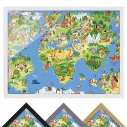Bilderwelten Bild mit Rahmen Weltkarte blau Illustration inkl. Rahmung - Great and funny Worldmap - Karten Kinderzimmer Baby M&auml;dchen Jungen