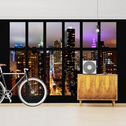 Bilderwelten Tapete - Fototapete Skyline - Fenster New York Mondlicht - Schlafzimmer Wohnzimmer modern - auch selbstklebend