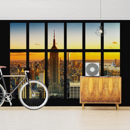 Bilderwelten Tapete - Fototapete New York - Fensterblick Manhattan Skyline Sonnenuntergang - New York Skyline - Schlafzimmer Wohnzimmer Skyline