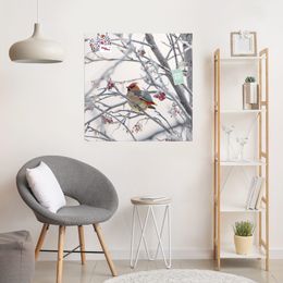 Bilderwelten Glasbild Wald modern weiss Glas Wandbild - Seidenschwanz im Baum - B&auml;ume Wohnzimmer Schlafzimmer