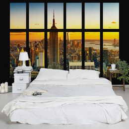 Bilderwelten Fototapete Fensterblick Manhattan Skyline schwarz-wei&szlig;
