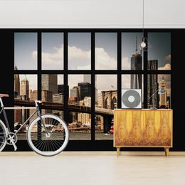 Bilderwelten Fototapete Stadt modern 3D-Effekt einzigartig - Fenster New York Brooklyn Bridge - New York Wohnzimmer Schlafzimmer