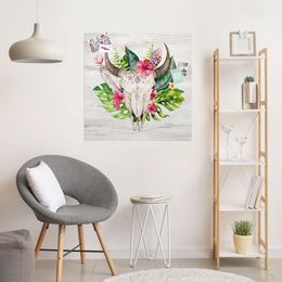 Bilderwelten Glasbild Blumen Tropisch weiss Aquarell - Tropical Flower Skull - Deko Wohnzimmer Schlafzimmer