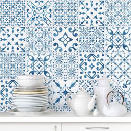 Bilderwelten Mustertapete Vliestapete Vintage Fliesenoptik einzigartig - Fliesenmuster Blau Wei&szlig; - Geometrisch Wohnzimmer Schlafzimmer